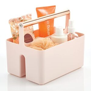 mdesign plastic shower caddy storage organizer utility tote, divided basket bin - metal handle for bathroom, dorm, kitchen, holds soap, shampoo, conditioner - aura collection - light pink/rose gold