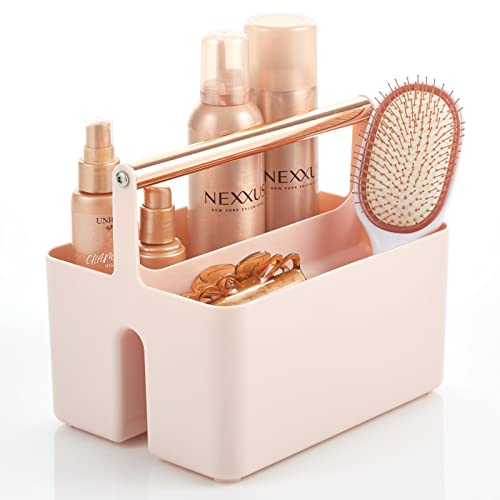 mDesign Plastic Shower Caddy Storage Organizer Utility Tote, Divided Basket Bin - Metal Handle for Bathroom, Dorm, Kitchen, Holds Soap, Shampoo, Conditioner - Aura Collection - Light Pink/Rose Gold