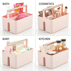 mDesign Plastic Shower Caddy Storage Organizer Utility Tote, Divided Basket Bin - Metal Handle for Bathroom, Dorm, Kitchen, Holds Soap, Shampoo, Conditioner - Aura Collection - Light Pink/Rose Gold