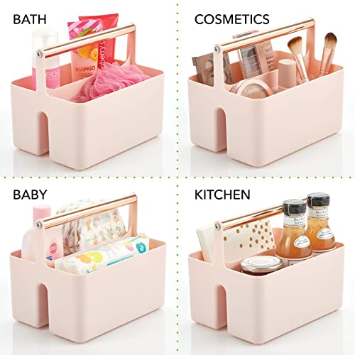 mDesign Plastic Shower Caddy Storage Organizer Utility Tote, Divided Basket Bin - Metal Handle for Bathroom, Dorm, Kitchen, Holds Soap, Shampoo, Conditioner - Aura Collection - Light Pink/Rose Gold