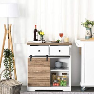 HOMCOM Farmhouse Coffee Bar Cabinet, Barn Door Wine Cabinet with Storage, Sideboard Buffet Cabinet with Wine Racks for Kitchen, White