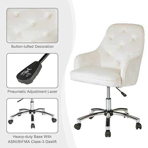 Glitzhome Velvet Fabric Gas Lift Adjustable Swivel Office Chair, Cream White