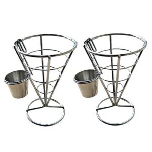 miao jin 2pcs french fries stand cone basket fry holder with sauce dippers metal cone snack fried chicken display rack wire stands for kitchen restaurant party supplies