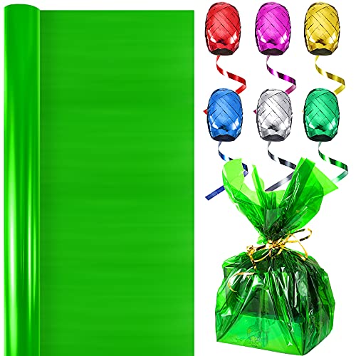 39 x 138 Inch Cellophane Wrap Paper, 2.3 Mil Thick Cellophane Paper with 6 Rolls Colorful Wrap Ribbon for Christmas Holiday DIY Present Wrapping or Basket Filling (Green)