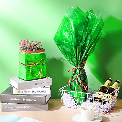 39 x 138 Inch Cellophane Wrap Paper, 2.3 Mil Thick Cellophane Paper with 6 Rolls Colorful Wrap Ribbon for Christmas Holiday DIY Present Wrapping or Basket Filling (Green)