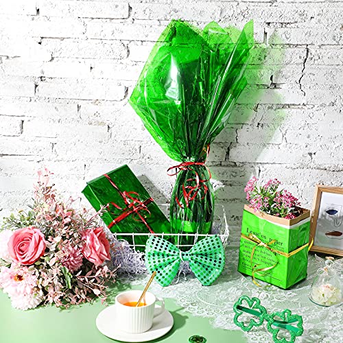 39 x 138 Inch Cellophane Wrap Paper, 2.3 Mil Thick Cellophane Paper with 6 Rolls Colorful Wrap Ribbon for Christmas Holiday DIY Present Wrapping or Basket Filling (Green)