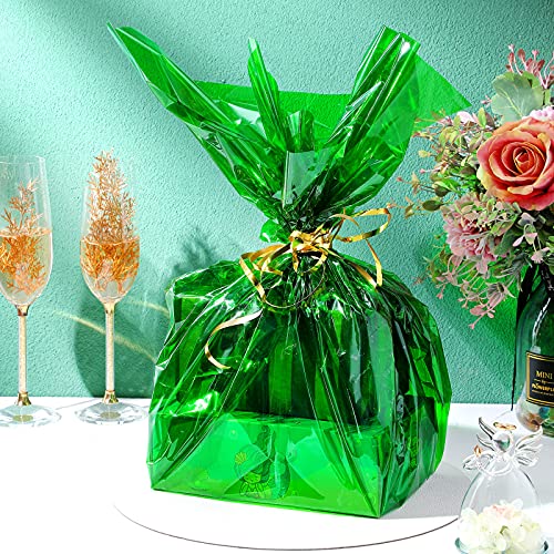 39 x 138 Inch Cellophane Wrap Paper, 2.3 Mil Thick Cellophane Paper with 6 Rolls Colorful Wrap Ribbon for Christmas Holiday DIY Present Wrapping or Basket Filling (Green)