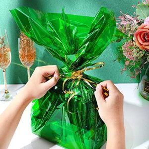 39 x 138 Inch Cellophane Wrap Paper, 2.3 Mil Thick Cellophane Paper with 6 Rolls Colorful Wrap Ribbon for Christmas Holiday DIY Present Wrapping or Basket Filling (Green)