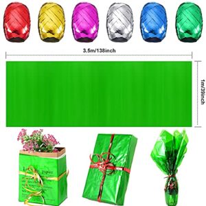 39 x 138 Inch Cellophane Wrap Paper, 2.3 Mil Thick Cellophane Paper with 6 Rolls Colorful Wrap Ribbon for Christmas Holiday DIY Present Wrapping or Basket Filling (Green)