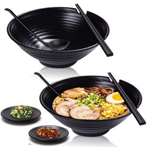 vivimee unbreakable japanese style ramen bowl set of 2, 37oz black large ramen bowls and spoons set with chopsticks & saucers for pho thai miso udon soup noodles or asian food, matte melamine bowls