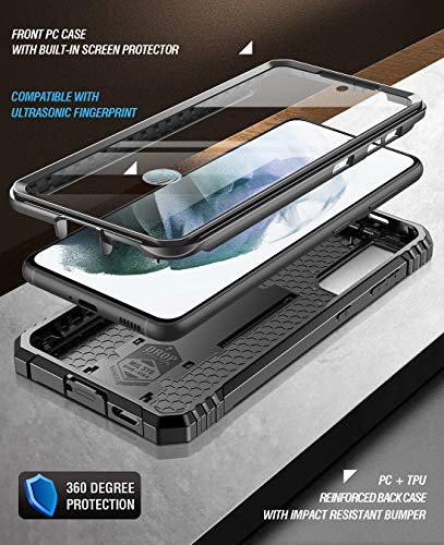 Poetic Revolution Case for Samsung Galaxy S21 5G 6.2 inch, Built-in Screen Protector Work with Fingerprint ID, Full Body Rugged Shockproof Protective Cover Case with Kickstand, Black