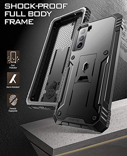 Poetic Revolution Case for Samsung Galaxy S21 5G 6.2 inch, Built-in Screen Protector Work with Fingerprint ID, Full Body Rugged Shockproof Protective Cover Case with Kickstand, Black