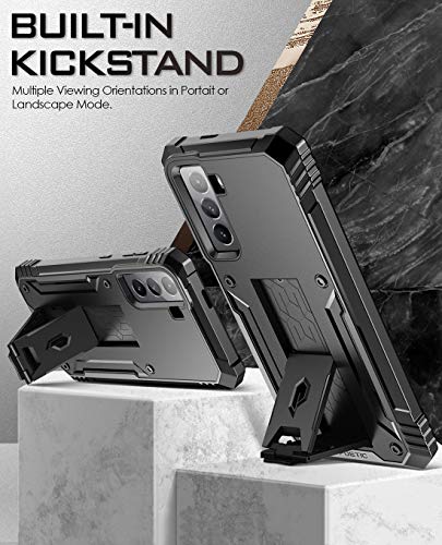 Poetic Revolution Case for Samsung Galaxy S21 5G 6.2 inch, Built-in Screen Protector Work with Fingerprint ID, Full Body Rugged Shockproof Protective Cover Case with Kickstand, Black