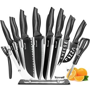 knife set 19 pieces ticwell kitchen black knife set with acrylic premium 13 carbon with scissors &peeler &knife sharpener