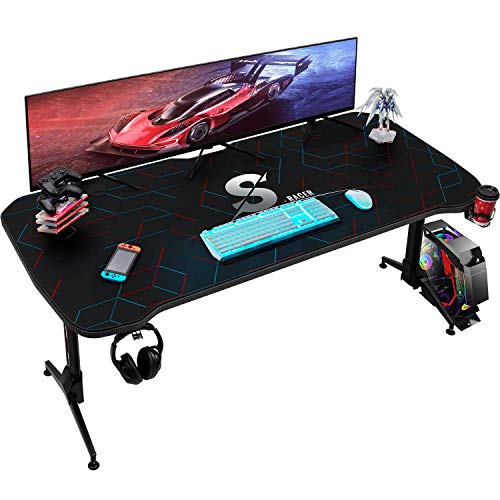 Homall 60 Inch Computer Gamer Desk with Full Desk Mouse Pad, Carbon Fiber Surface PC Table Adjustable Height, Gaming Rack, Headphone Hook and Cup Holder(Black)