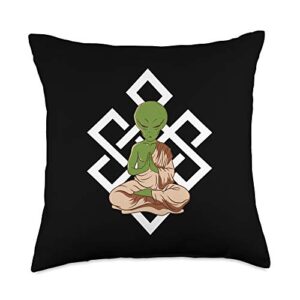 alien buddha zen yoga peace ufo alien space space hippie zen meditation geometry yoga alien throw pillow, 18x18, multicolor