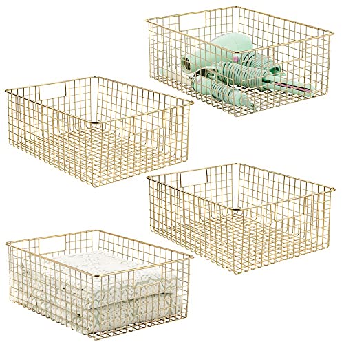 mDesign Metal Wire Bathroom Storage Basket Organizer with Handles - Organize Master/Guest Bathrooms, Linen, Hallway, or Entryway Closets, Bedroom, Laundry Room, Concerto Collection, 4 Pack, Soft Brass