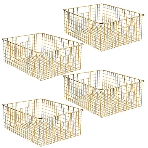 mDesign Metal Wire Bathroom Storage Basket Organizer with Handles - Organize Master/Guest Bathrooms, Linen, Hallway, or Entryway Closets, Bedroom, Laundry Room, Concerto Collection, 4 Pack, Soft Brass