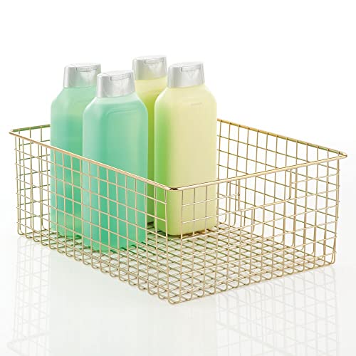 mDesign Metal Wire Bathroom Storage Basket Organizer with Handles - Organize Master/Guest Bathrooms, Linen, Hallway, or Entryway Closets, Bedroom, Laundry Room, Concerto Collection, 4 Pack, Soft Brass