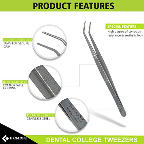 Cynamed Premium Dental College Tweezer Tools-Stainless Steel with Curved Serrated Tip Multipurpose Forceps for Oral Care Denture Teeth Cleaning (1)