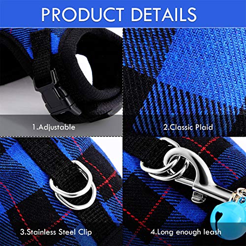 2 Pieces Guinea Pig Harness and Leash Plaid Hamster Harness with Safety Bell Adjustable Ferret Harness and Leash Set No Pulling Walking Vest for Ferret Chinchilla and Similar Small Animals (S)