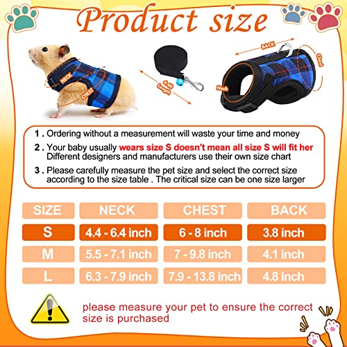 2 Pieces Guinea Pig Harness and Leash Plaid Hamster Harness with Safety Bell Adjustable Ferret Harness and Leash Set No Pulling Walking Vest for Ferret Chinchilla and Similar Small Animals (S)