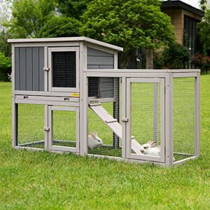 COZIWOW Indoor/Outdoor Rabbit Hutch, 2 Story Wooden Pet Bunny House Wooden Cage with Water Bottle,Ventilation Gridding Fence, Cleaning Tray, for Small Animals, Grey