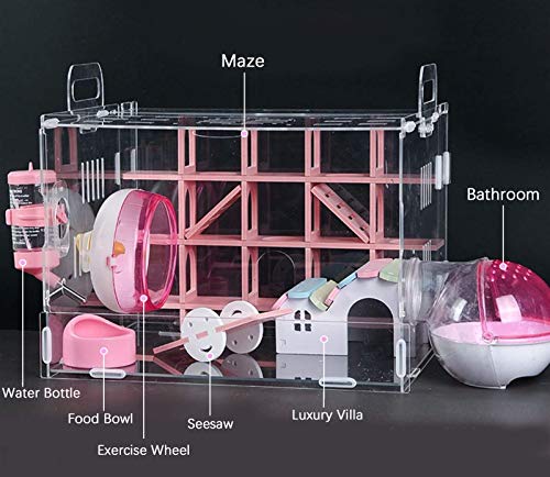 Nynelly Hamster Cage,Transparent Durable Small Animal Cage and Habitats House,Include Hamster Maze,Exercise Wheel, Water Bottle, Hamster Hideout, Food Bowl,Pink,13" L x 11.4" W x 11.4" H