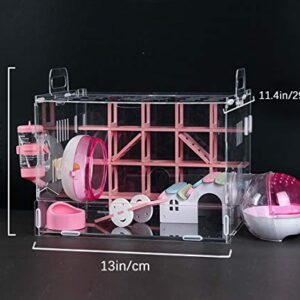 Nynelly Hamster Cage,Transparent Durable Small Animal Cage and Habitats House,Include Hamster Maze,Exercise Wheel, Water Bottle, Hamster Hideout, Food Bowl,Pink,13" L x 11.4" W x 11.4" H