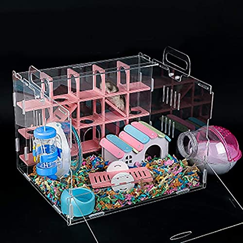 Nynelly Hamster Cage,Transparent Durable Small Animal Cage and Habitats House,Include Hamster Maze,Exercise Wheel, Water Bottle, Hamster Hideout, Food Bowl,Pink,13" L x 11.4" W x 11.4" H