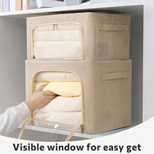 2 Pack Clear Window Storage Bins - Foldable Fabric Storage Bins Boxes for Clothes - Stackable Box Organizer Set with Carrying Handles (Beige, 22L,15.7X 11.8X 7.8 Inch)