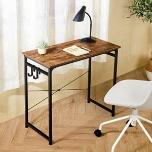 TEAMIX Small Desk 32inch Study Writing Home Office Desk Vanity Table Mini Laptop Desk with Hooks 3D Printer Stand Kitchen Shelf(Brown, 32x16x30 inch)…