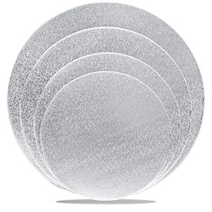 4 pack silver cake boards sliver foil round cake circles 6, 8, 10, 12 inch cake base cardboard, 1 of each size set for baking cake