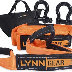 LYNN GEAR - 2PK Tow & Recovery Strap (32,000+ LB Break Strength) & D Ring Shackle Combo Kit | (1) 10' Strap, (1) 30' Strap, (2) Shackles & HD Tote | Vehicle Hauling, Offroad, Pickups & Trucks - Orange