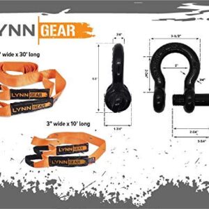 LYNN GEAR - 2PK Tow & Recovery Strap (32,000+ LB Break Strength) & D Ring Shackle Combo Kit | (1) 10' Strap, (1) 30' Strap, (2) Shackles & HD Tote | Vehicle Hauling, Offroad, Pickups & Trucks - Orange