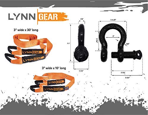 LYNN GEAR - 2PK Tow & Recovery Strap (32,000+ LB Break Strength) & D Ring Shackle Combo Kit | (1) 10' Strap, (1) 30' Strap, (2) Shackles & HD Tote | Vehicle Hauling, Offroad, Pickups & Trucks - Orange