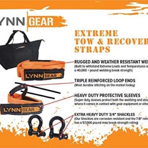 LYNN GEAR - 2PK Tow & Recovery Strap (32,000+ LB Break Strength) & D Ring Shackle Combo Kit | (1) 10' Strap, (1) 30' Strap, (2) Shackles & HD Tote | Vehicle Hauling, Offroad, Pickups & Trucks - Orange