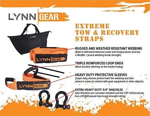 LYNN GEAR - 2PK Tow & Recovery Strap (32,000+ LB Break Strength) & D Ring Shackle Combo Kit | (1) 10' Strap, (1) 30' Strap, (2) Shackles & HD Tote | Vehicle Hauling, Offroad, Pickups & Trucks - Orange