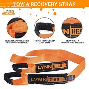 LYNN GEAR - 2PK Tow & Recovery Strap (32,000+ LB Break Strength) & D Ring Shackle Combo Kit | (1) 10' Strap, (1) 30' Strap, (2) Shackles & HD Tote | Vehicle Hauling, Offroad, Pickups & Trucks - Orange