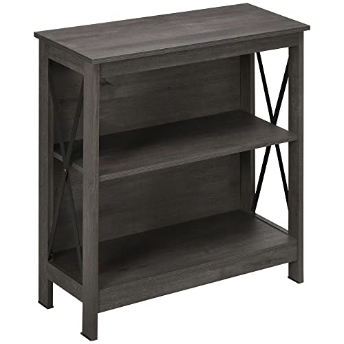 HOMCOM Industrial Style Corner Open Bookshelf with Storage Shelves and Metal X Bar Frame for Living Room, Dark Grey