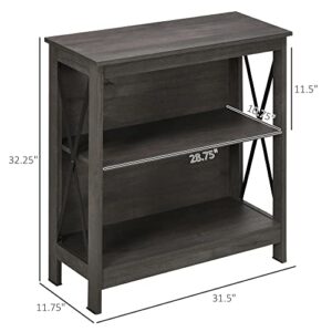 HOMCOM Industrial Style Corner Open Bookshelf with Storage Shelves and Metal X Bar Frame for Living Room, Dark Grey