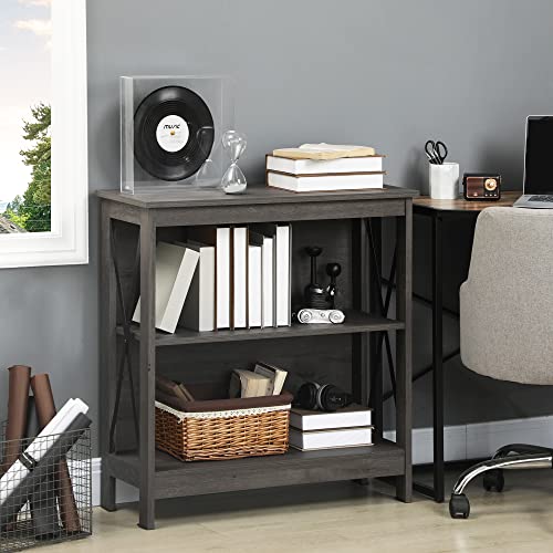 HOMCOM Industrial Style Corner Open Bookshelf with Storage Shelves and Metal X Bar Frame for Living Room, Dark Grey