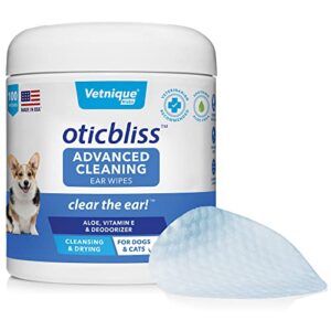 vetnique labs oticbliss ear cleaner wipes/flushes for dogs & cats with odor control and itch relief reduces head shaking - clear the ear (ear cleaning wipes, advanced cleaning small)