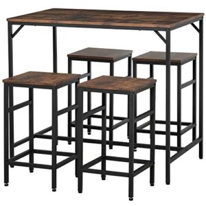 homcom 5-piece industrial dining table set, bar table & 4 stools set, space saving for pub & kitchen, black/brown