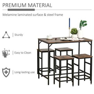 HOMCOM 5-Piece Industrial Dining Table Set, Bar Table & 4 Stools Set, Space Saving for Pub & Kitchen, Black/Brown