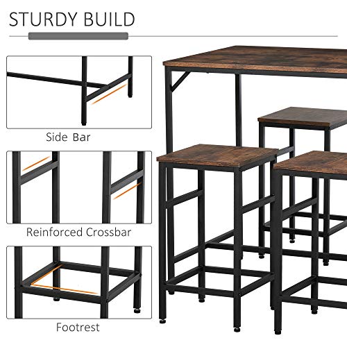 HOMCOM 5-Piece Industrial Dining Table Set, Bar Table & 4 Stools Set, Space Saving for Pub & Kitchen, Black/Brown