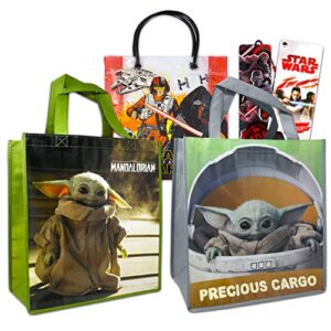 disney mandalorian bag set bundle ~ 3 pack star wars reusable tote bags featuring baby yoda, bb-8, kylo ren and more with stickers! (star wars reusable bags)