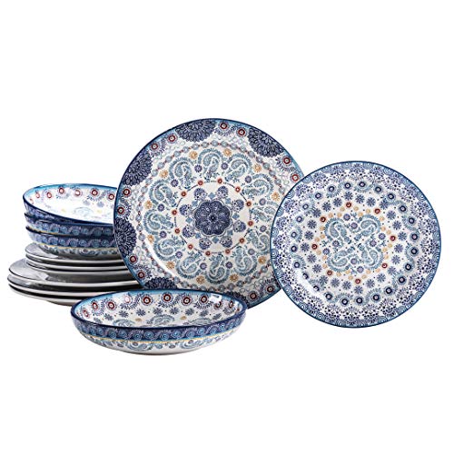 Bico Blue Talavera Ceramic 12 pcs Dinnerware Set, Service for 4, Inclusive of 11 inch Dinner Plates, 8.75 inch Salad Plates and 35oz Dinner Bowls, for Party, Microwave & Dishwasher Safe