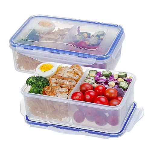 KIGI [2 Pack] 38.9oz Rectangular Plastic Bento Box with 3 Compartments Airtight Food Storage Containers BPA-Free for Kitchen and Office