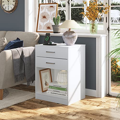 ADORNEVE Nightstand with Charging Station,White Night Stand for Bedroom, End Table Side Table Wooden Sofa Side Storage Stand Cabinet,with Sliding Drawer and Shelf